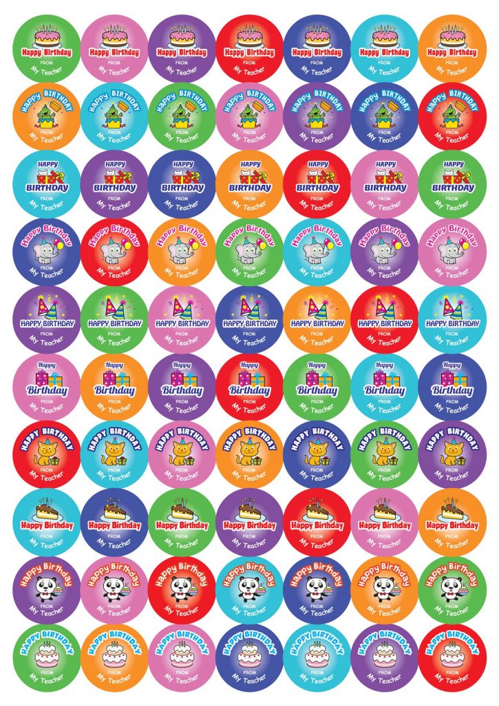 Teacher Merit Stickers - 25mm Birthday theme, Personalised Name ...