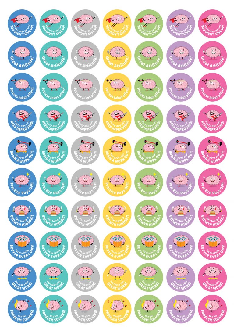 Growth Mindset Cute Brains - Round 30mm | Teacher Stickers