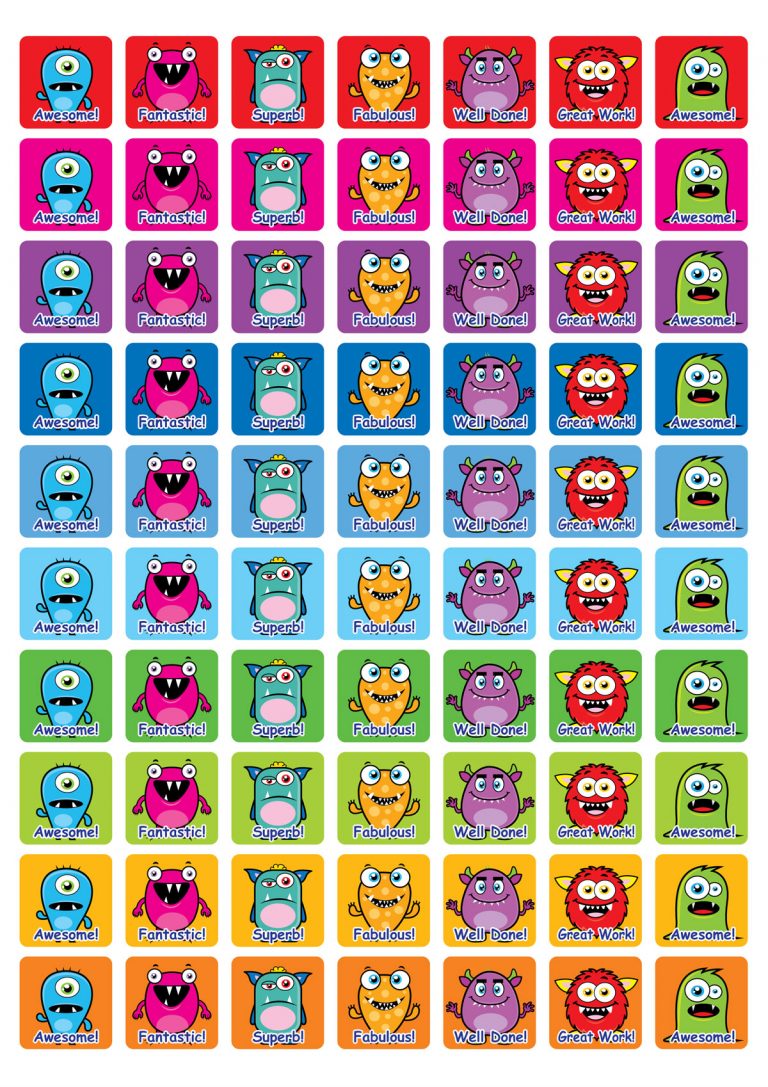 Teacher Merit Stickers - 25mm Square Cute Monster theme | Teacher Stickers